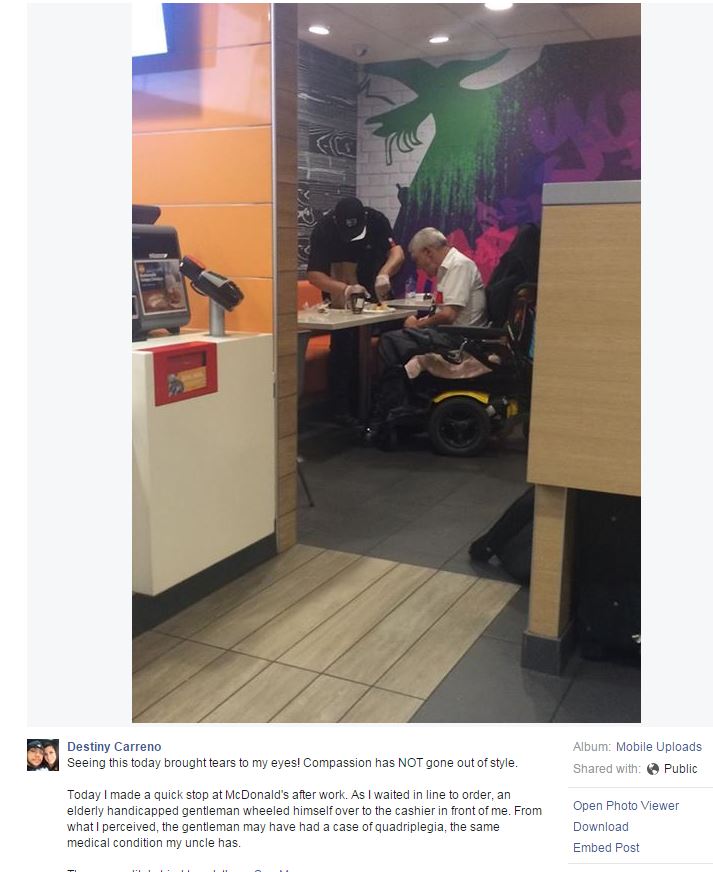 McDonald's employee helps handicapped customer eat meal in viral photo ...
